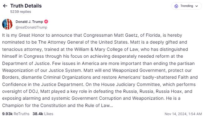 Trump names controversial far-right loyalist Matt Gaetz as US Attorney ...