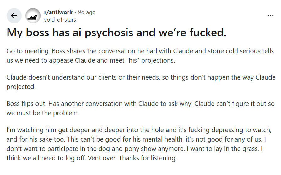 'My boss has AI psychosis': Employee says manager trusts Claude over ...