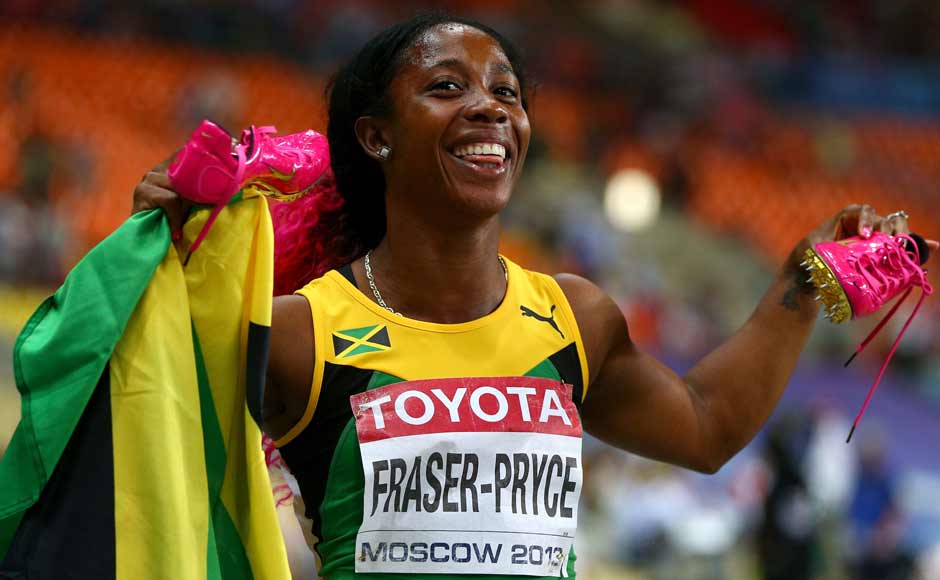 Images: A streak of pink! Fraser-Pryce steals the show from Usain Bolt ...