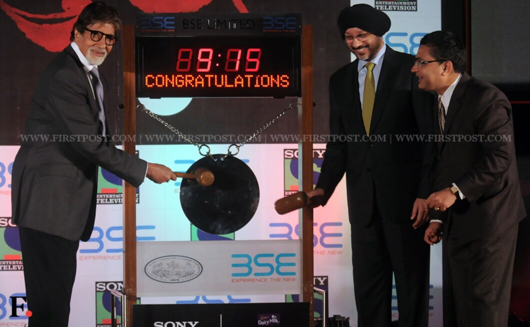 Photos: Big B rings ceremonial bell at BSE, locks horns with a bull