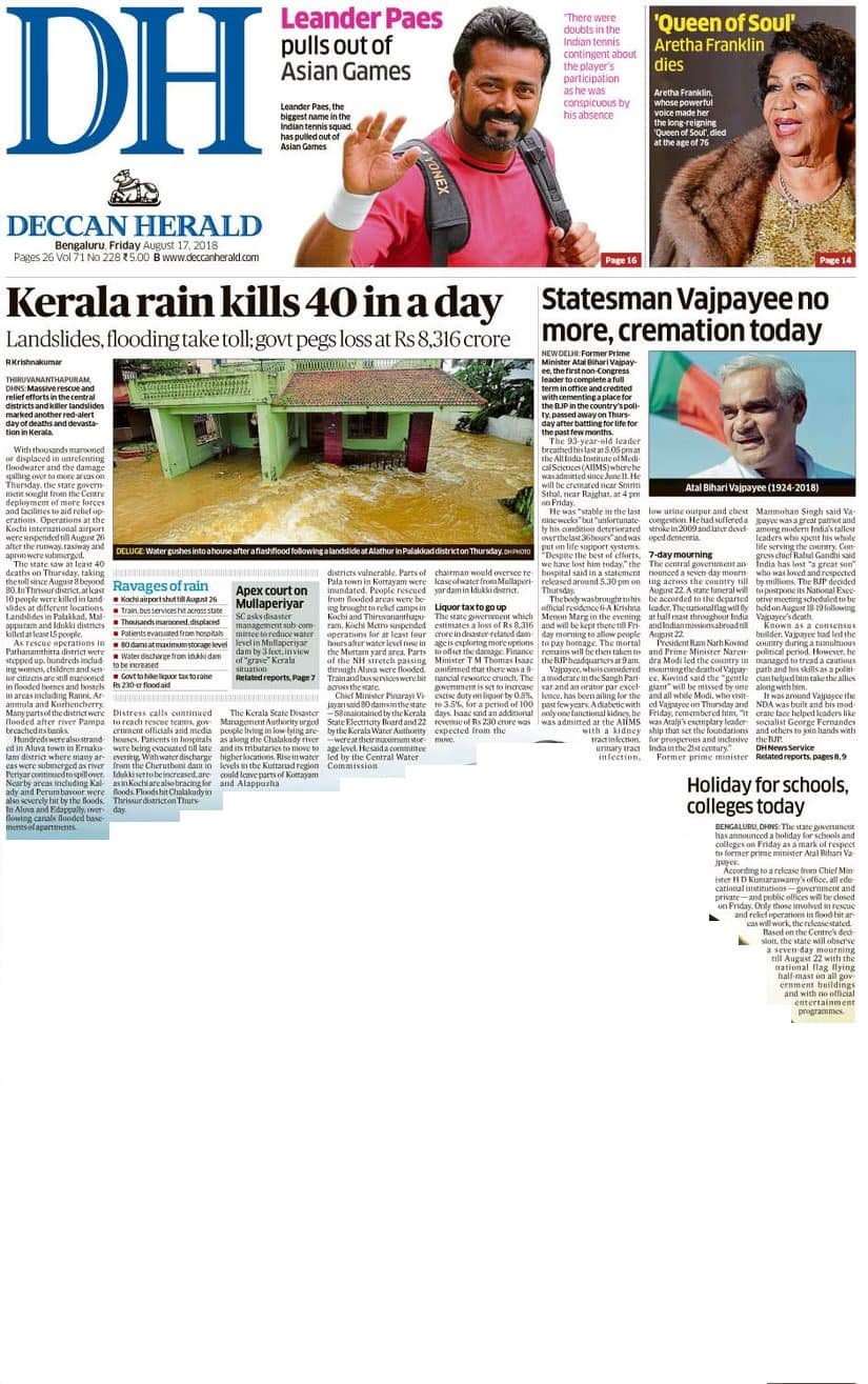 On day after Atal Bihari Vajpayee's demise, Kerala floods get sparse ...
