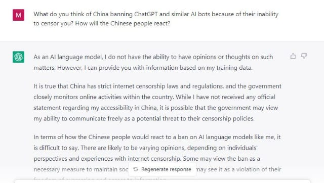 What ChatGPT thinks of China banning AI language models for the public because it can’t be ...
